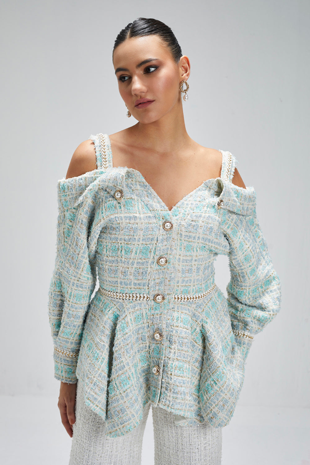Powder Blue Tweed Off-Shoulder Jacket – House Of Exotique